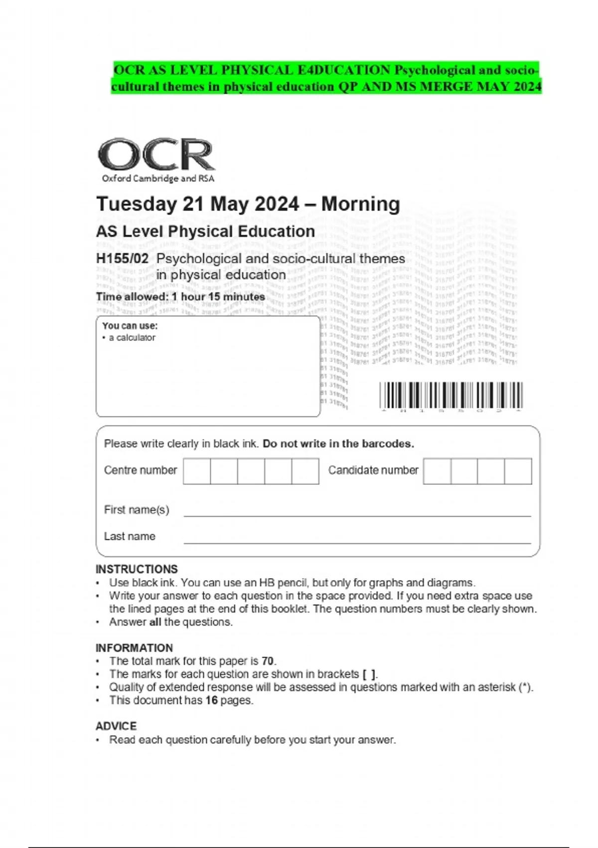 OCR AS LEVEL PHYSICAL E4DUCATION Psychological and socio- cultural ...