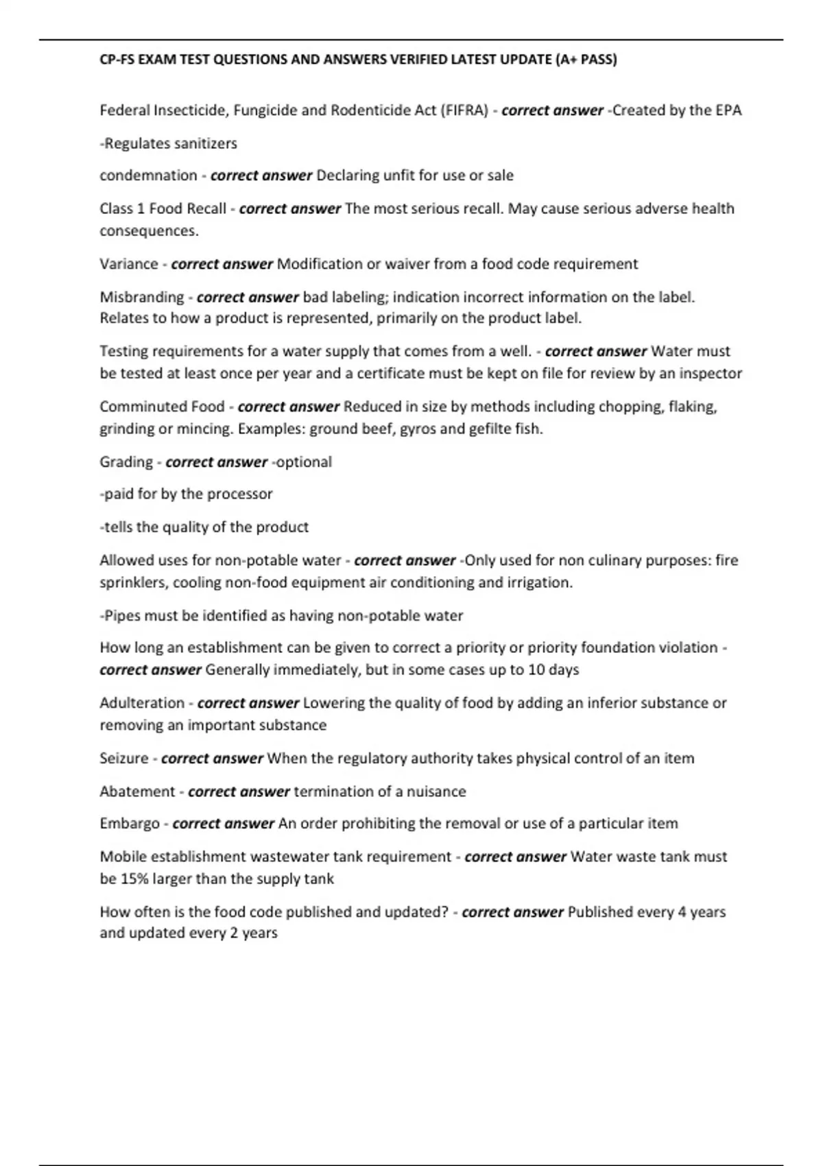 CP-FS EXAM TEST QUESTIONS AND ANSWERS VERIFIED LATEST UPDATE (A+ PASS ...