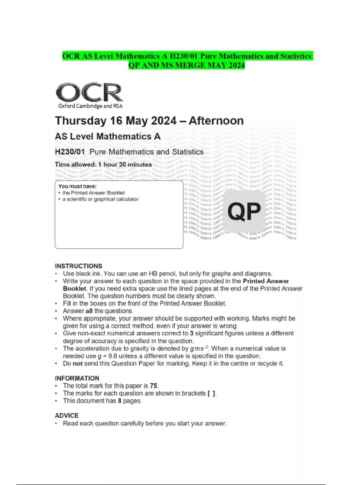OCR AS Level Mathematics QP AND MS MERGED 2024 - Stuvia US