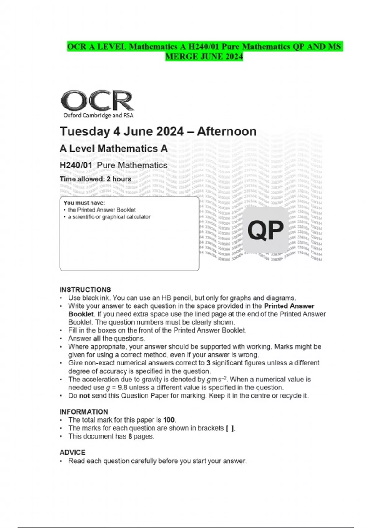 OCR A LEVEL Mathematics A QP AND MS MERGE JUNE 2024 - Stuvia US
