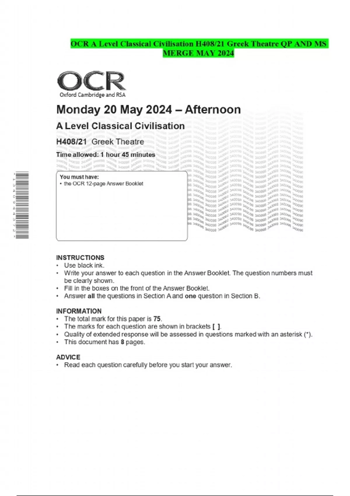 OCR A Level Classical Civilisation H408/21 Greek Theatre QP AND MS ...