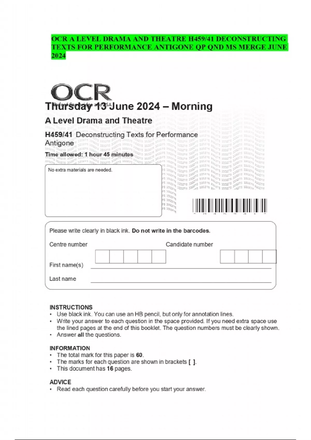 OCR A LEVEL DRAMA AND THEATRE H459/41 DECONSTRUCTING TEXTS FOR PERFORMANCE ANTIGONE QP QND MS ...