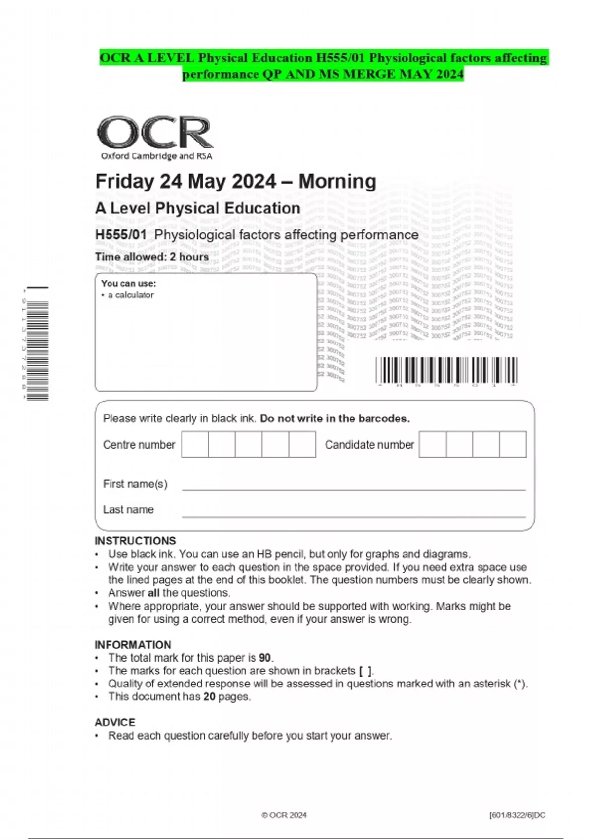 OCR A LEVEL Physical Education QP AND MS MERGED 2024 - Stuvia US