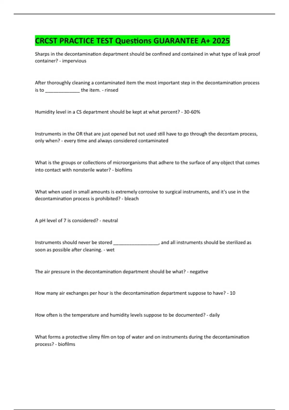 CRCST PRACTICE TEST Questions GUARANTEE A+ 2025 - CRCST - Stuvia US