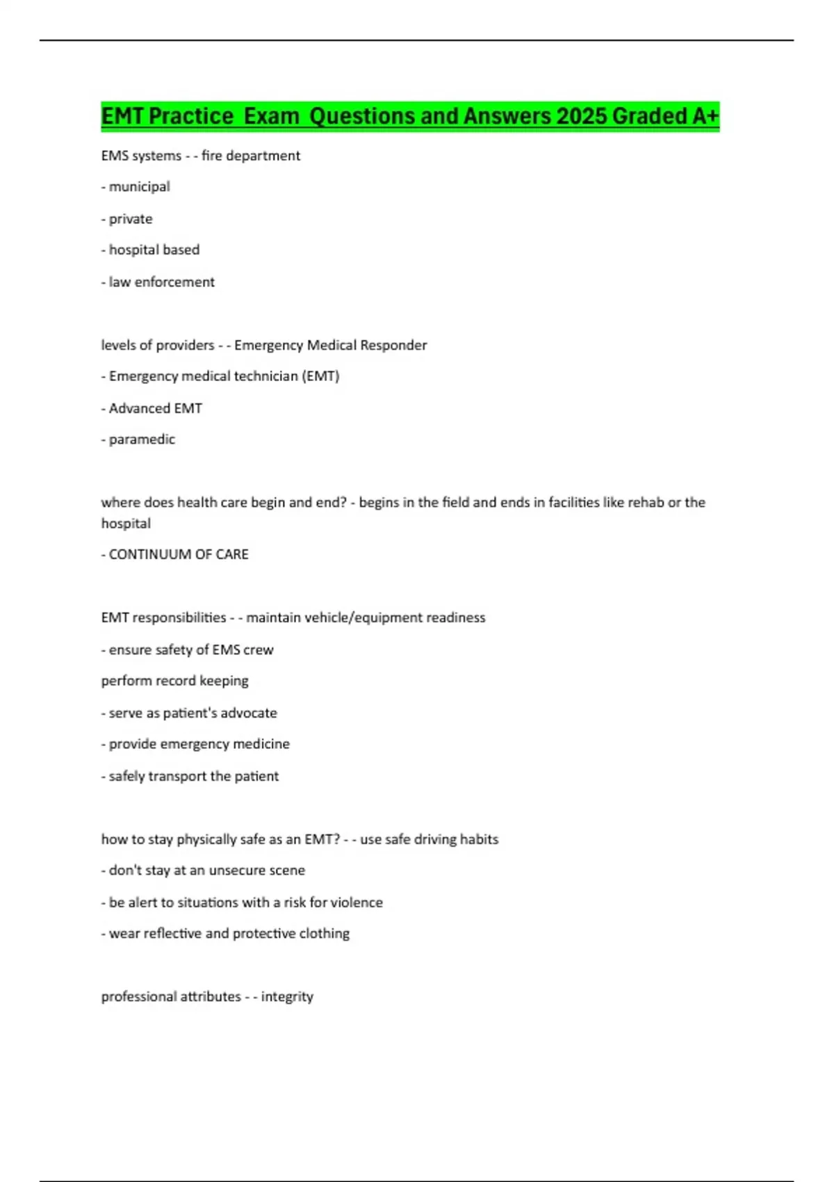 EMT Practice Exam Questions and Answers 2025 Graded A+ - EMT - Stuvia US