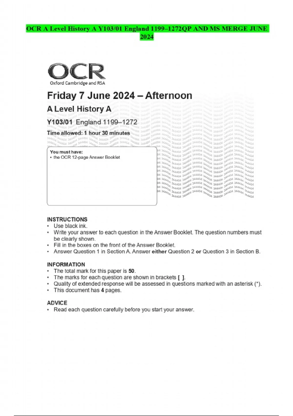 OCR A Level History A Y103/01 England 1199–1272QP AND MS MERGE JUNE ...