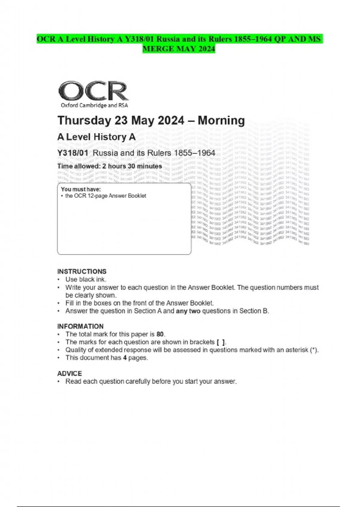 OCR A Level History A Y318/01 Russia and its Rulers 1855–1964 QP AND MS ...