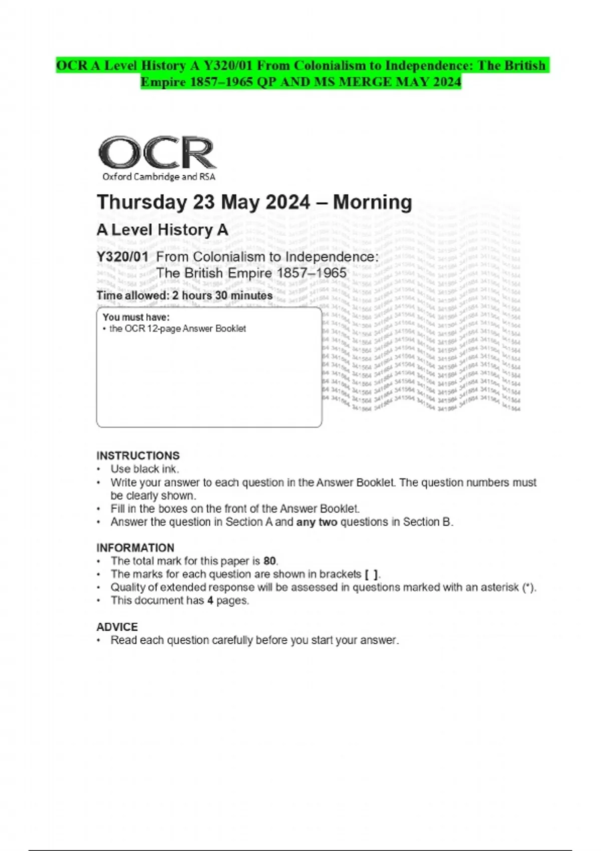 OCR A Level History A Y318/01 Russia and its Rulers 1855–1964 QP AND MS ...