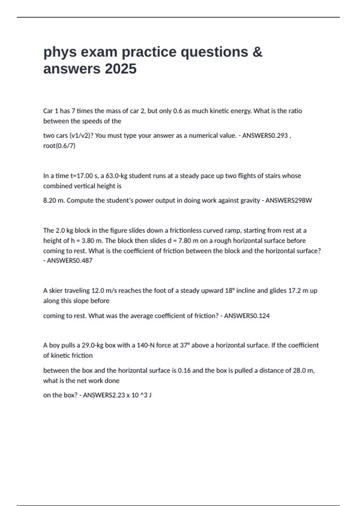 phys exam practice questions & answers 2025 - Phys - Stuvia US