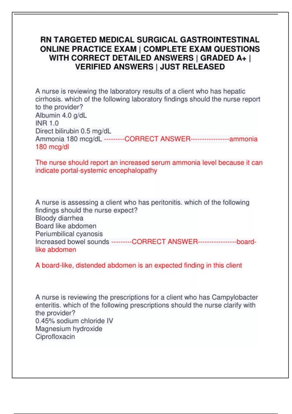RN TARGETED MEDICAL SURGICAL GASTROINTESTINAL ONLINE PRACTICE EXAM ...