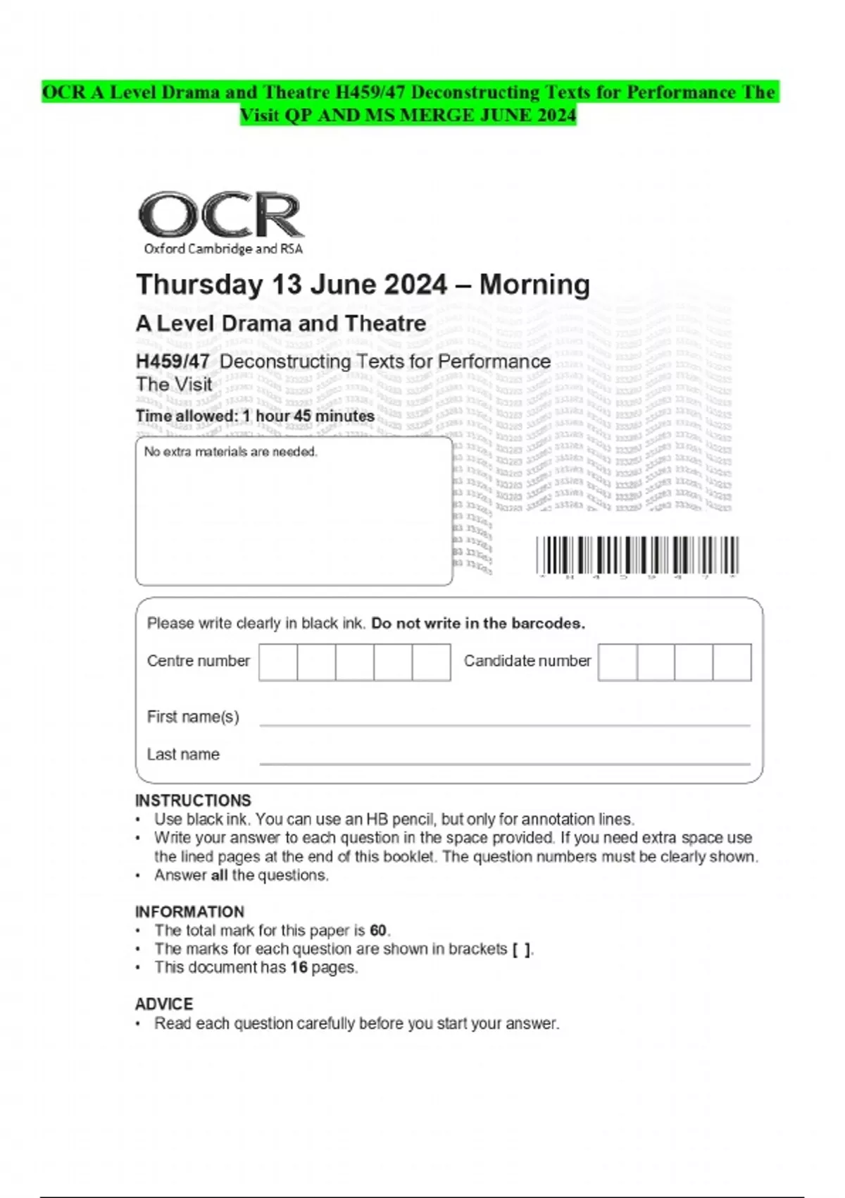 OCR A Level Drama and Theatre H459/47 Deconstructing Texts for ...