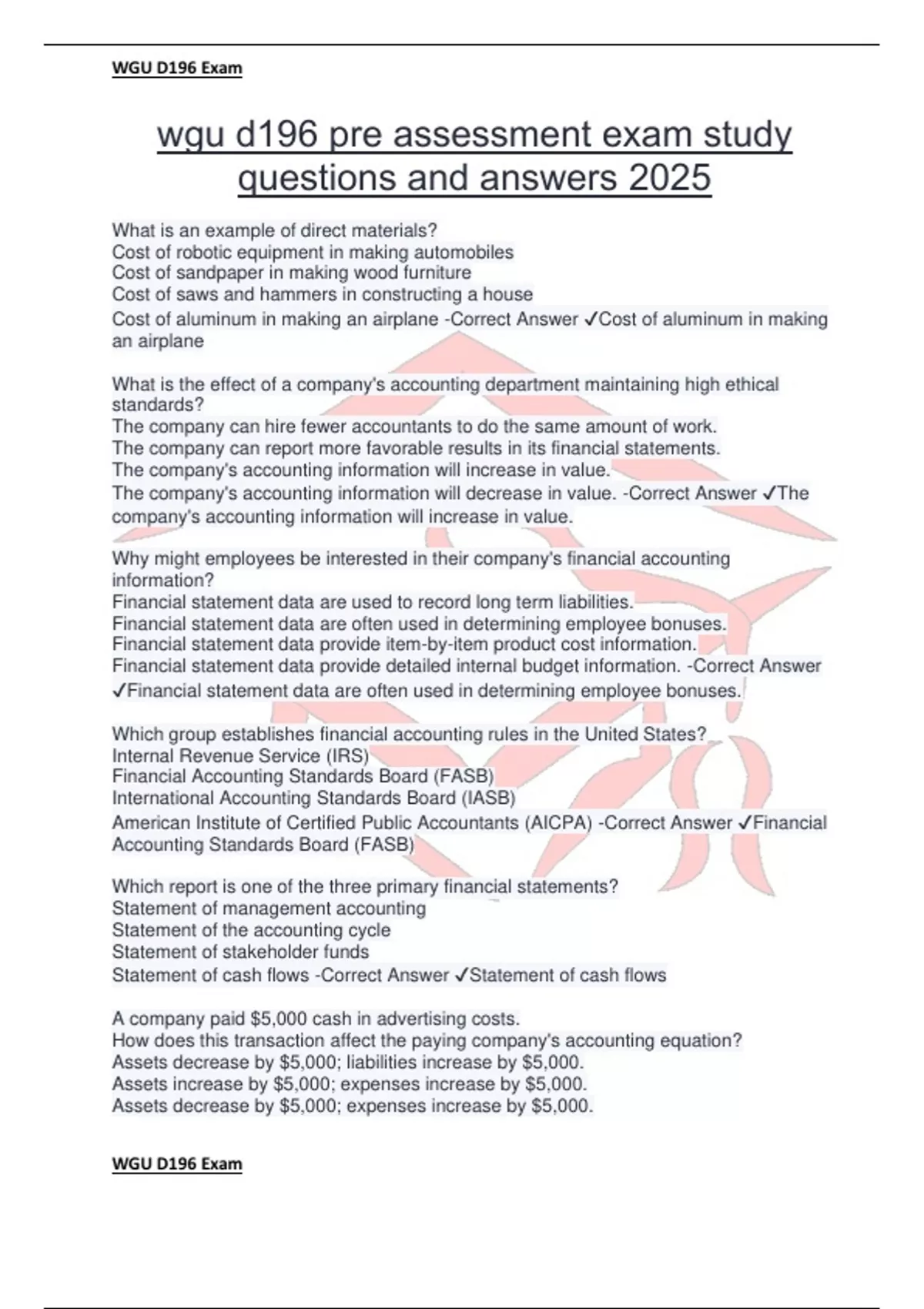 wgu d196 pre assessment exam study questions and answers 2025 - Wgu d196 . - Stuvia US