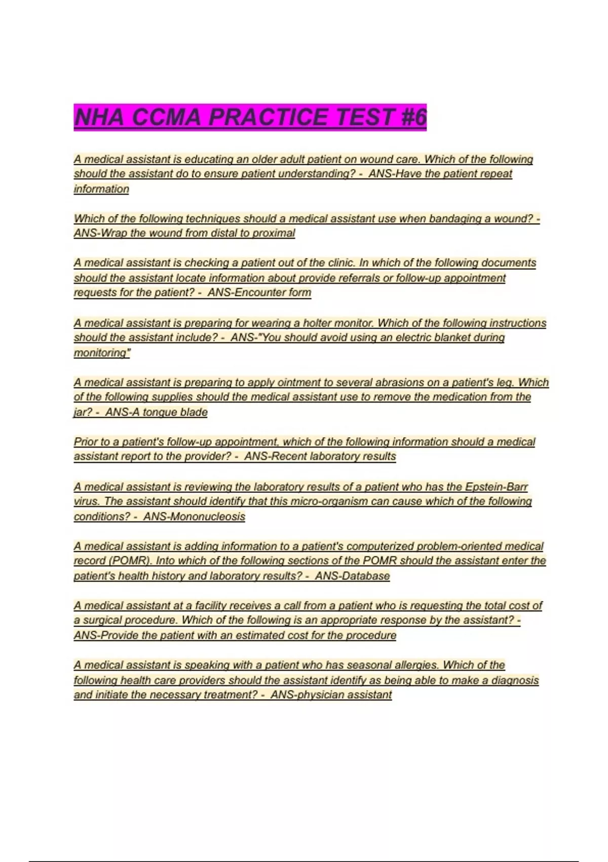 NHA CCMA PRACTICE TEST #6 QUESTIONS WITH COMPLETE SOLUTIONS 2025/2026 ...