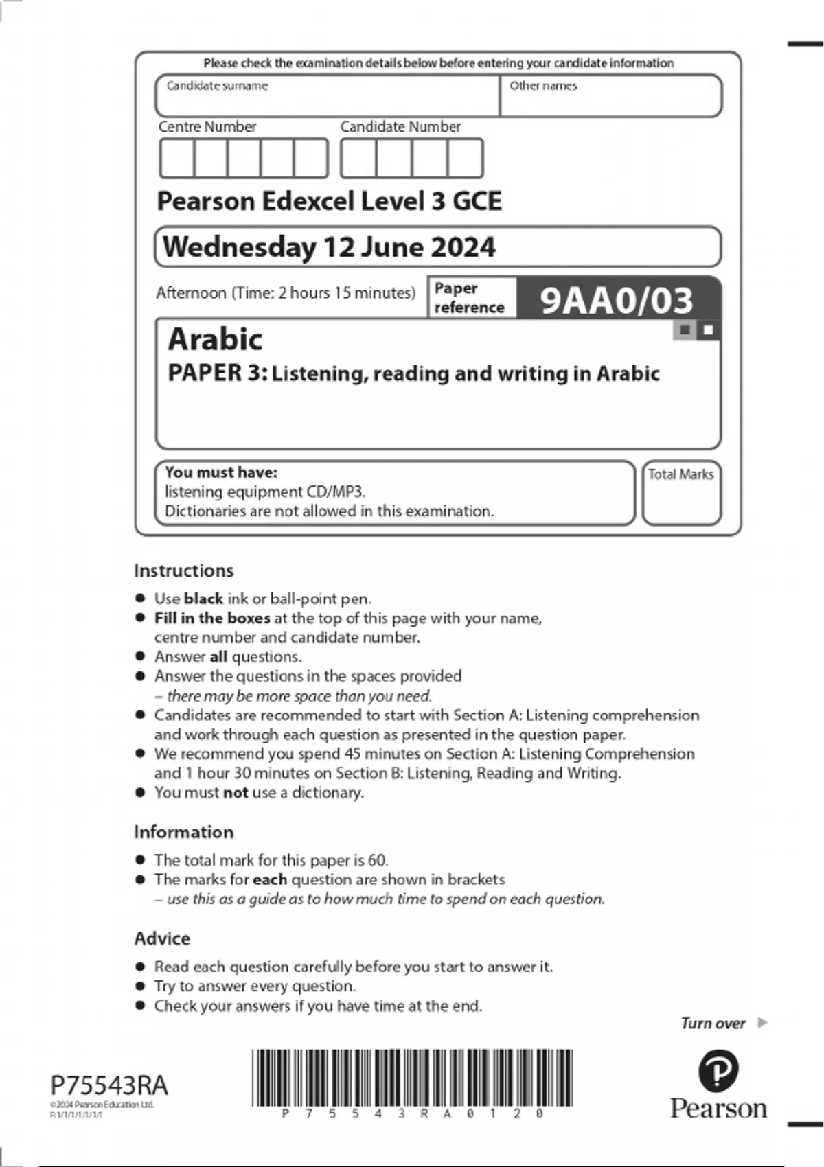 Pearson Edexcel Level 3 GCE Arabic PAPER 3: Listening, reading and ...