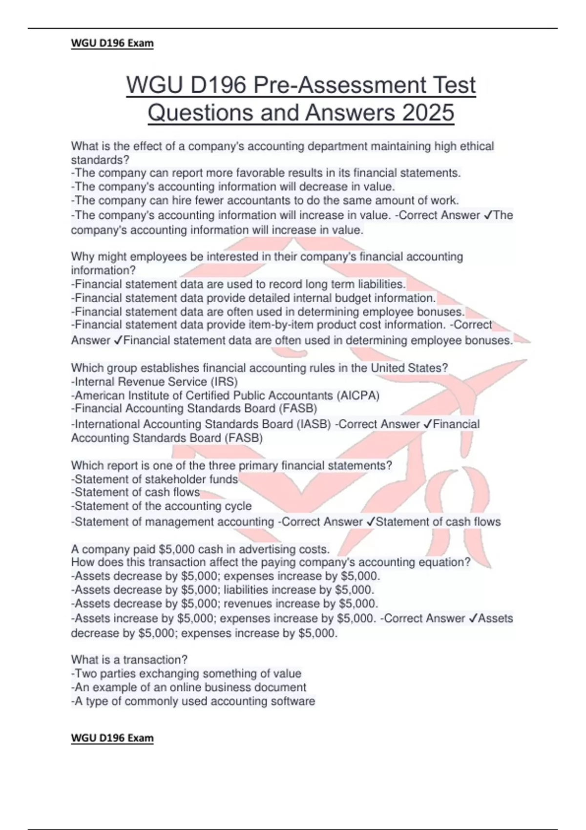 WGU D196 Pre-Assessment Test Questions and Answers 2025 - WGU D196 ...