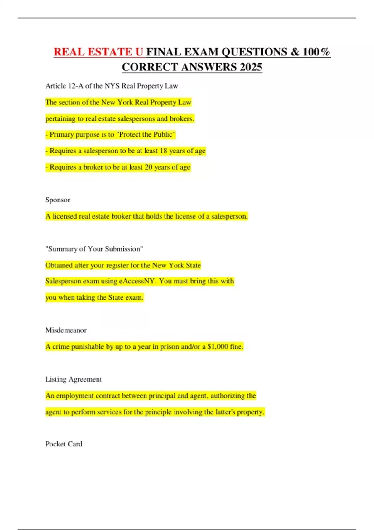 REAL ESTATE U FINAL EXAM QUESTIONS & 100% CORRECT ANSWERS 2025 - REAL ...