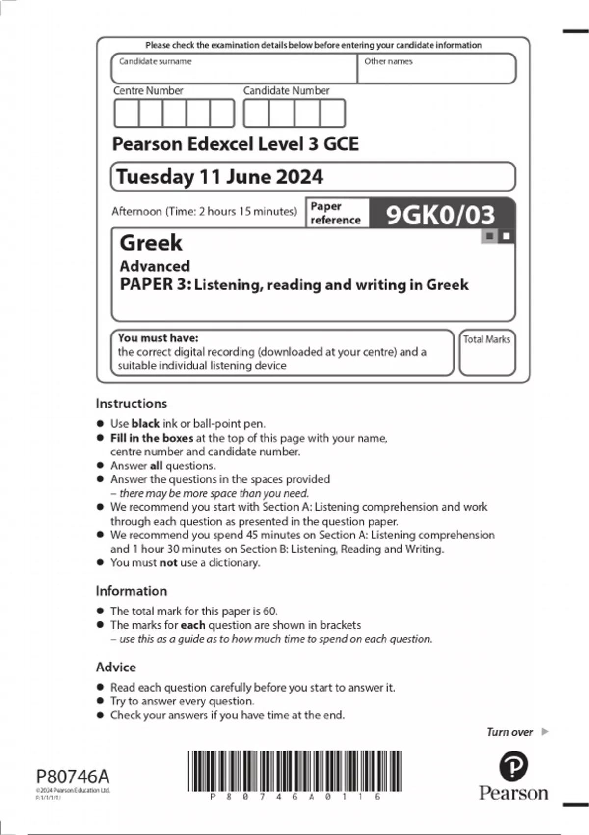 Pearson Edexcel Level 3 GCE Greek Advanced PAPER 3: Listening, reading ...