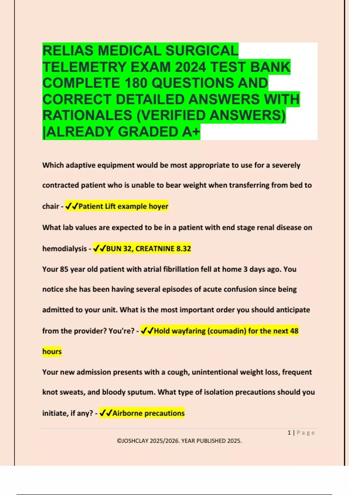 RELIAS MEDICAL SURGICAL TELEMETRY EXAM 2024 TEST BANK COMPLETE 180 ...