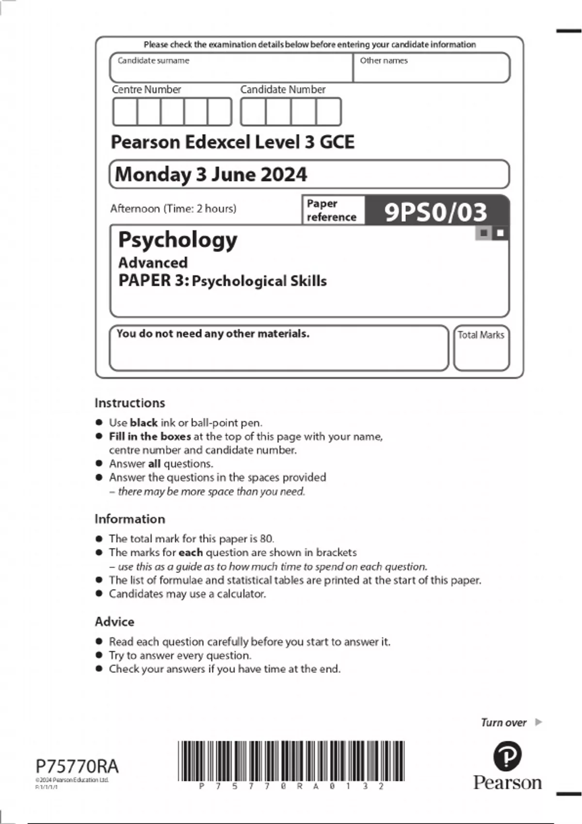 Pearson Edexcel Level 3 GCE Psychology Advanced PAPER 3: Psychological Skills QP | JUNE 2024 ...