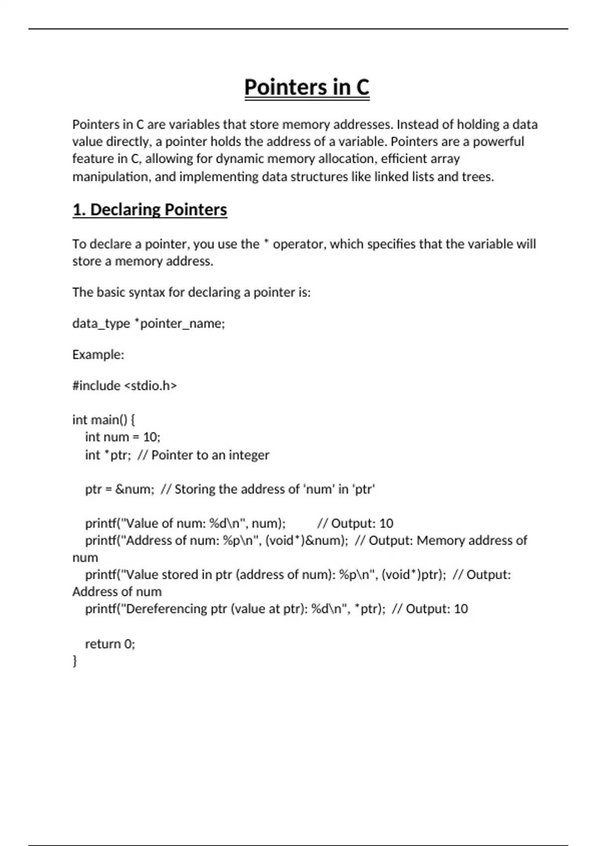Pointers in C: A Comprehensive Guide with Practical Examples - Computer Science - Stuvia US