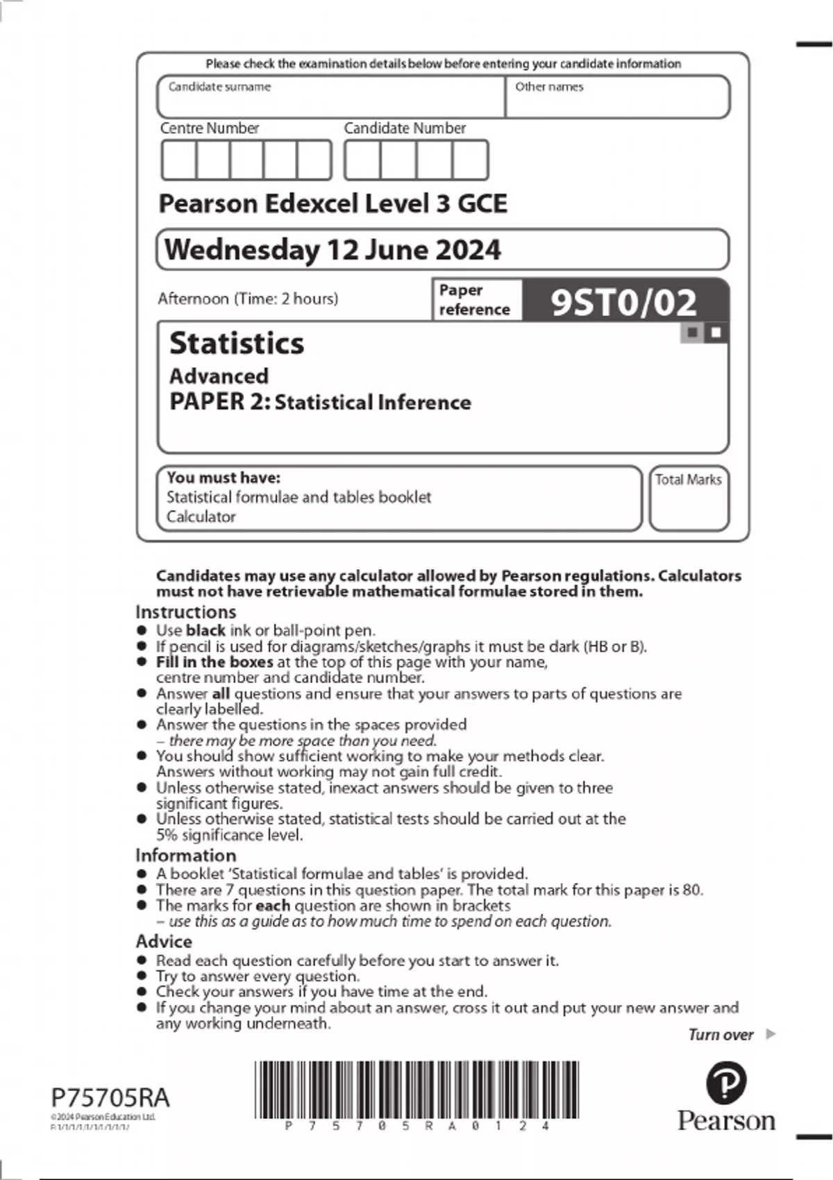 Pearson Edexcel Level 3 GCE Statistics Advanced PAPER 2: Statistical ...