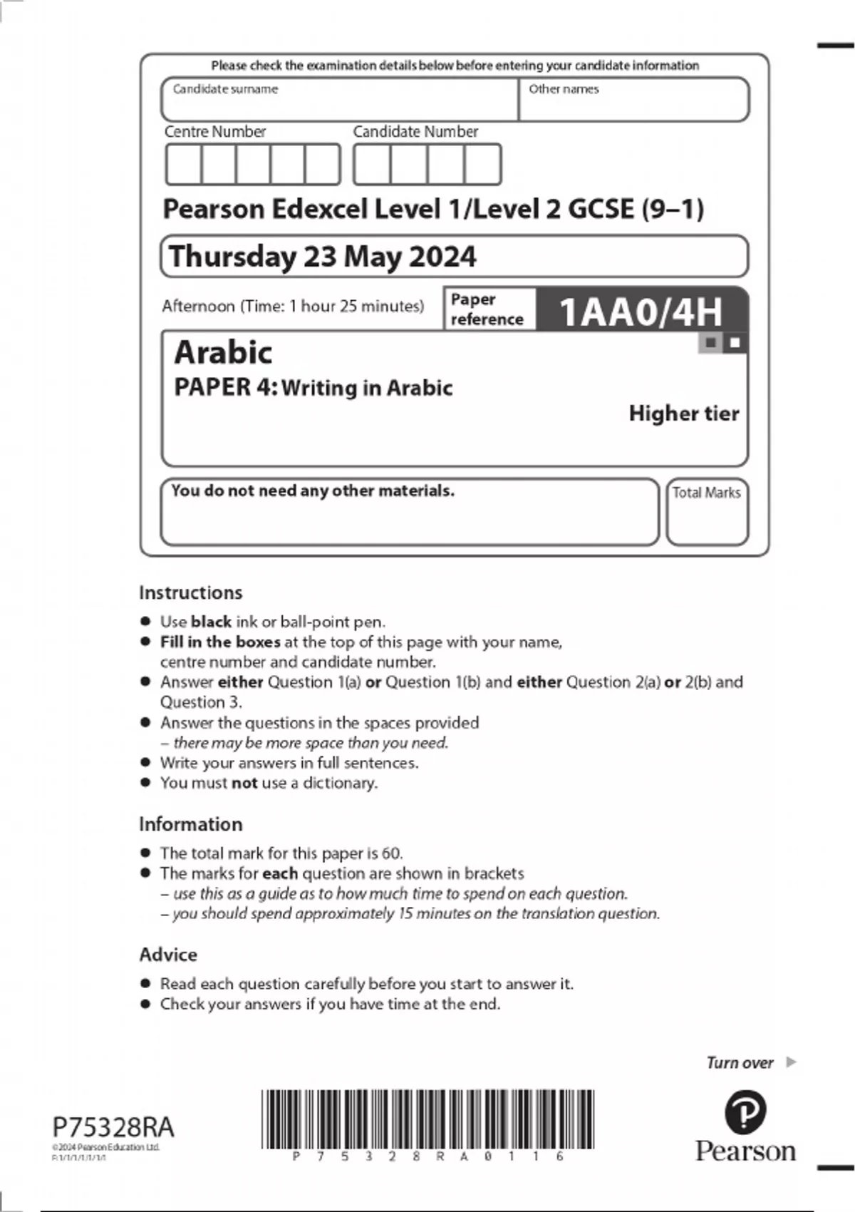 Pearson Edexcel Level 1/Level 2 GCSE (9–1) Arabic PAPER 4: Writing in ...