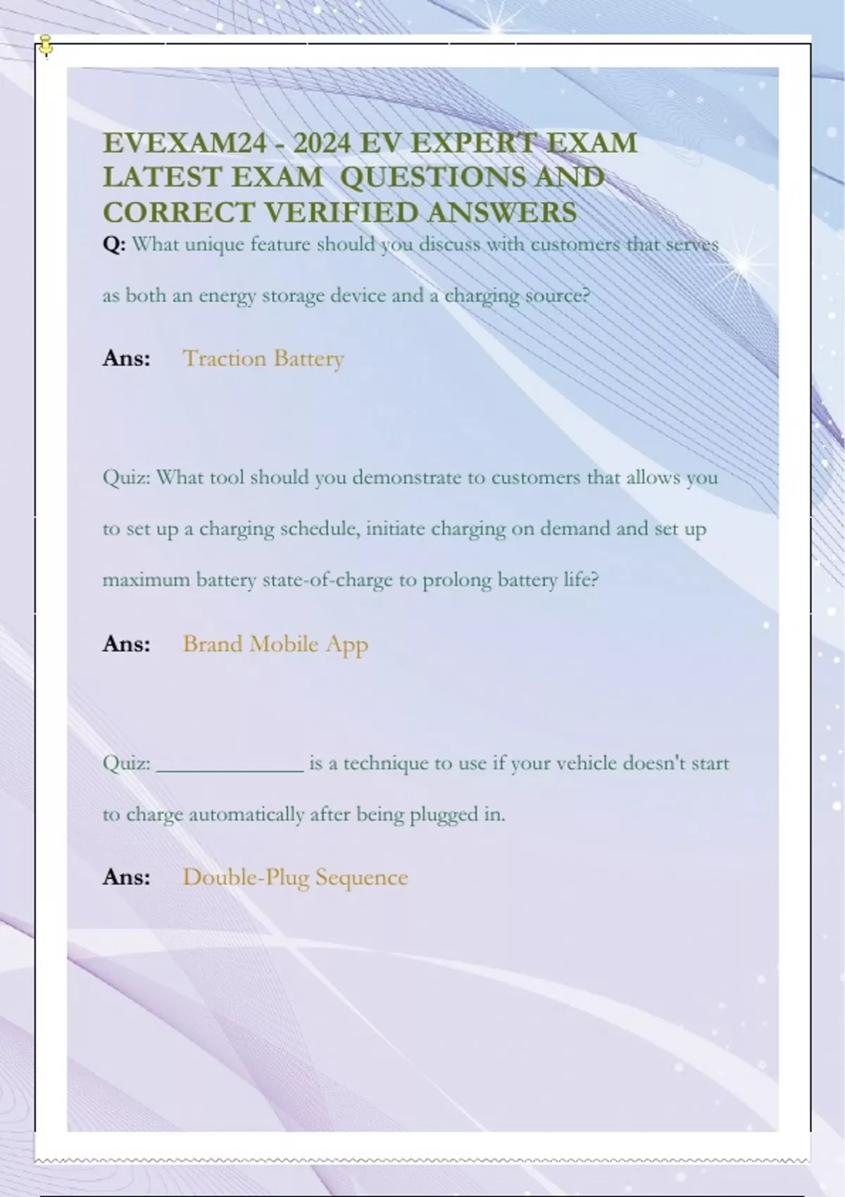 EVEXAM24 - 2024 EV EXPERT EXAM LATEST EXAM QUESTIONS AND CORRECT ...