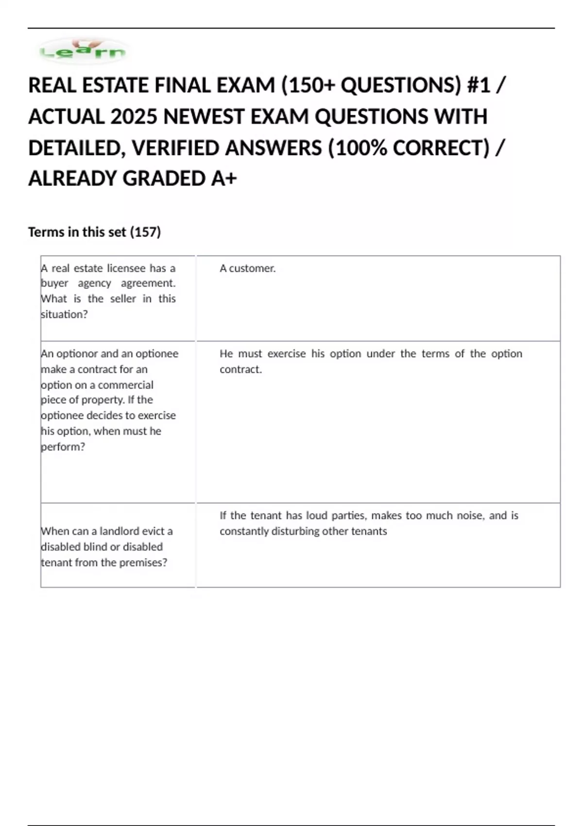 REAL ESTATE FINAL EXAM (150+ QUESTIONS) #1 / ACTUAL 2025 NEWEST EXAM QUESTIONS WITH DETAILED ...