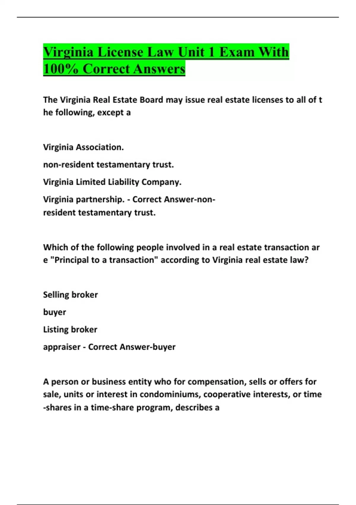 Virginia License Law Unit 1 Exam With 100% Correct Answers 2025 ...