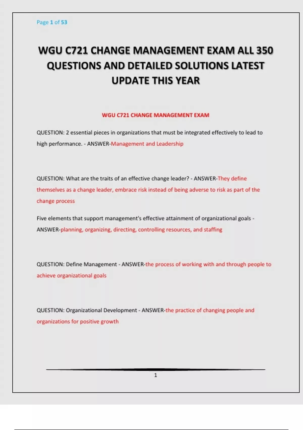 WGU C721 CHANGE MANAGEMENT EXAM ALL 350 QUESTIONS AND DETAILED ...