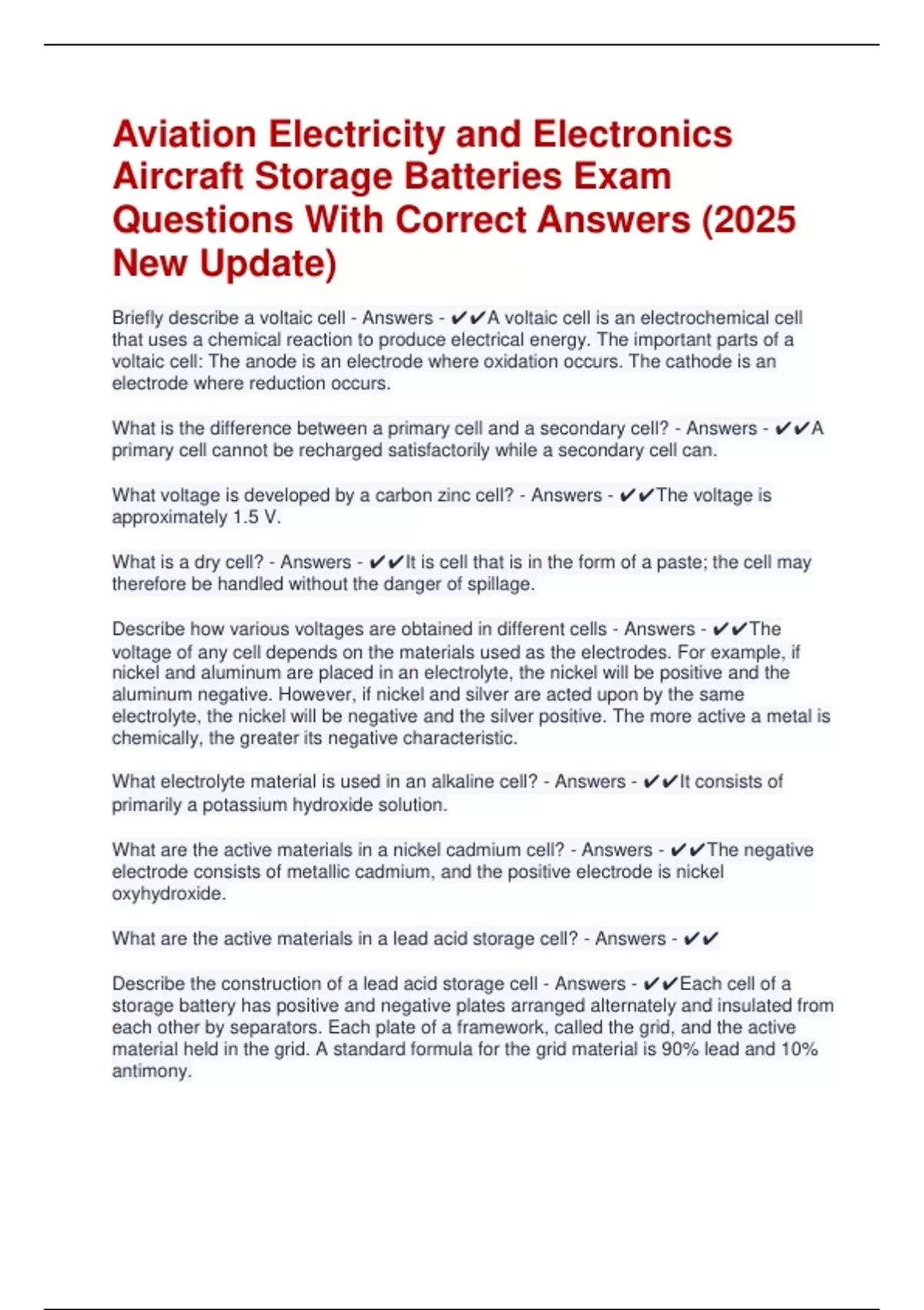 Aviation Electricity and Electronics Aircraft Storage Batteries Exam Questions With Correct ...