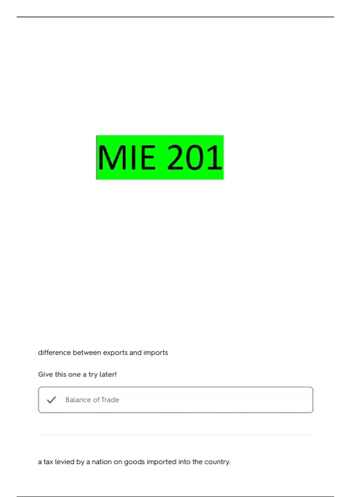 MIE 201 EXAM 1 NCSU QUESTIONS WITH 100% CORRECT ANSWERS - MIE 201 ...