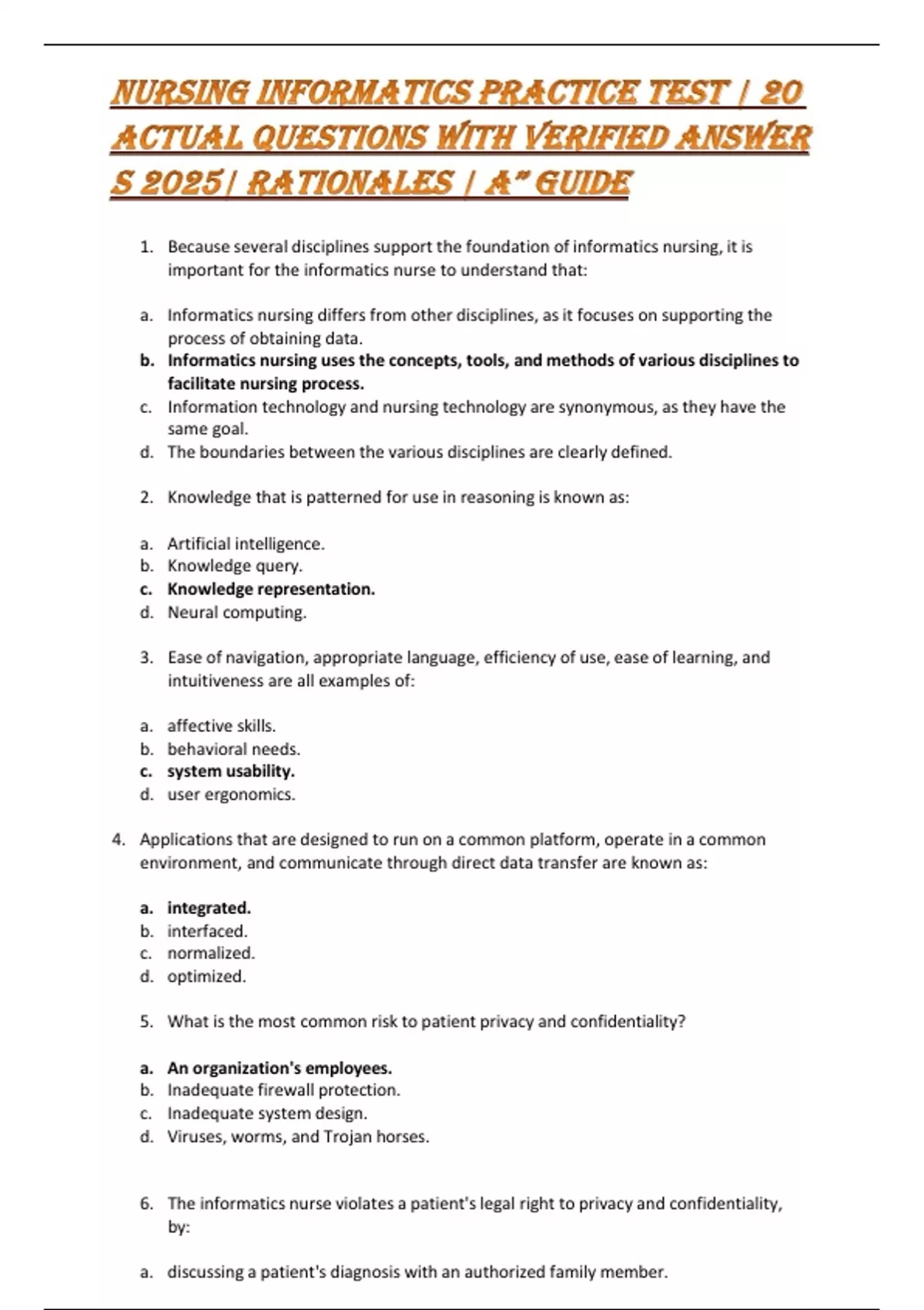 Nursing informatics practice test | 20 actual questions with verified ...