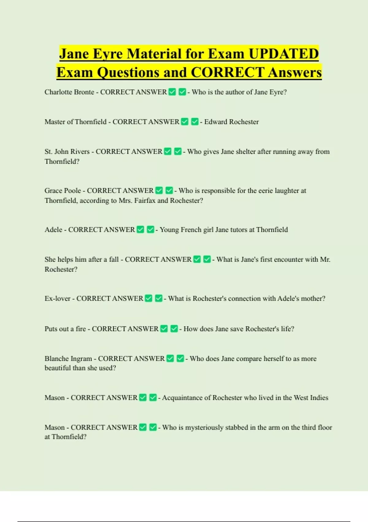 JANE EYRE Bundled Exam Questions ALL WITH CORRECT Answers - Stuvia US