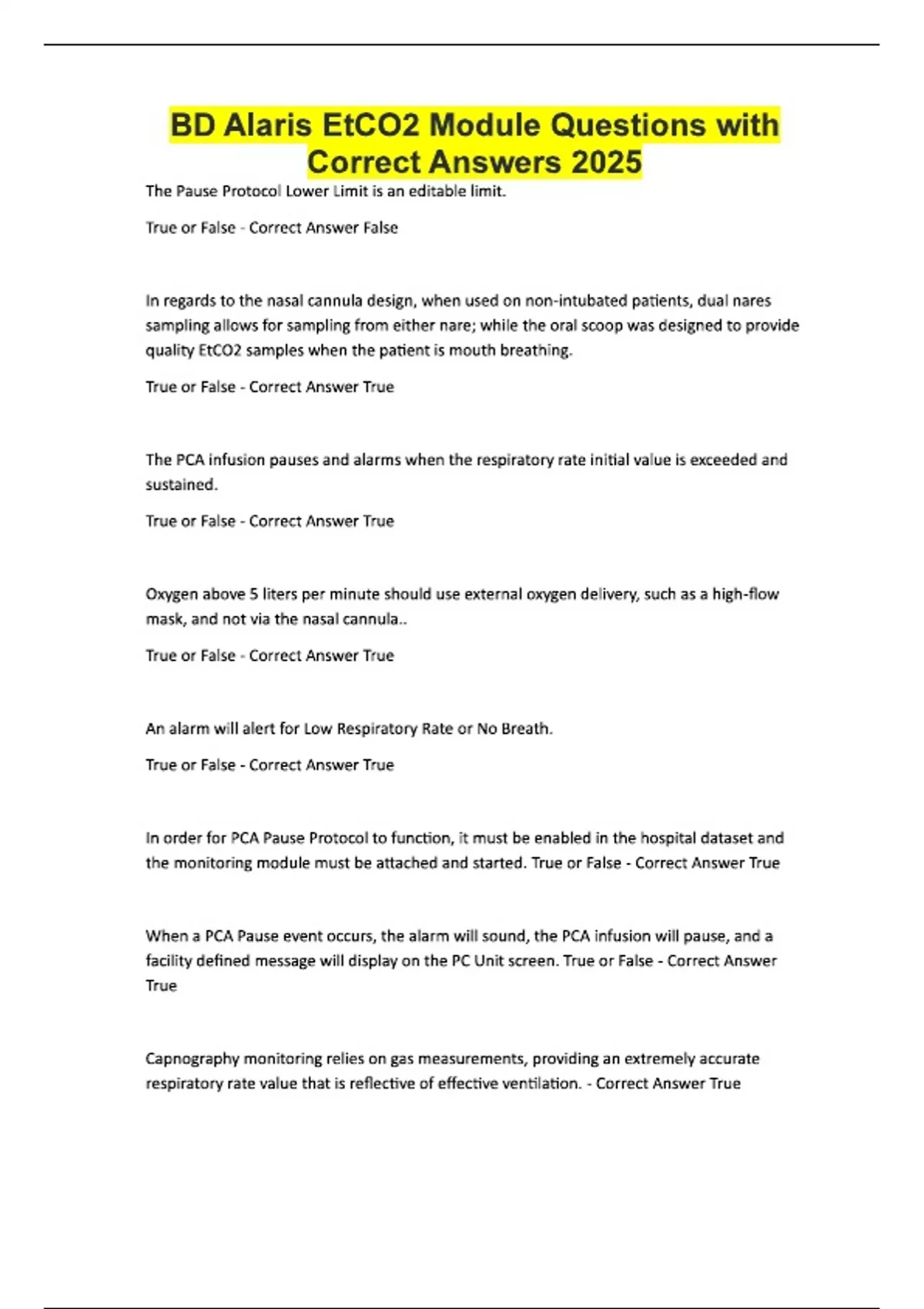 BD Alaris EtCO2 Module Questions with Correct Answers 2025 - BD Alaris ...