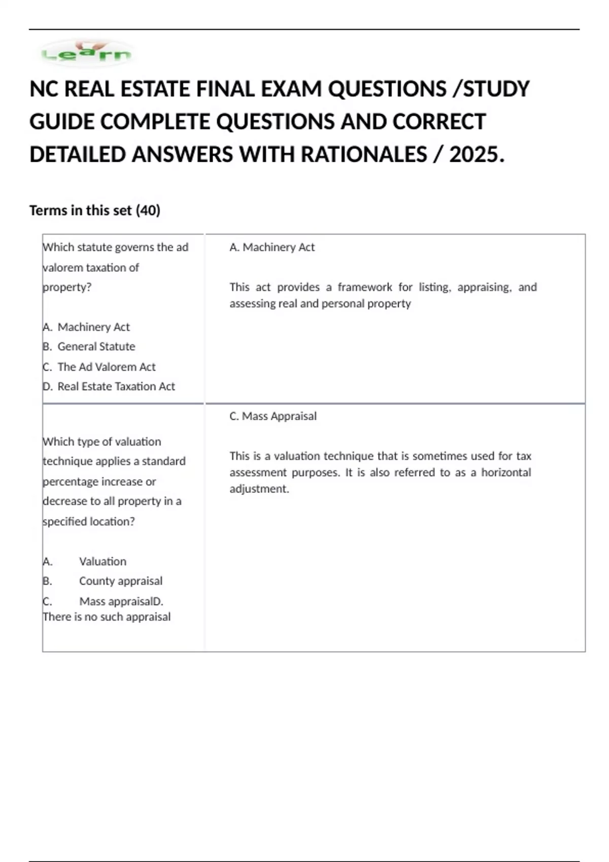 NC REAL ESTATE FINAL EXAM QUESTIONS /STUDY GUIDE COMPLETE QUESTIONS AND ...