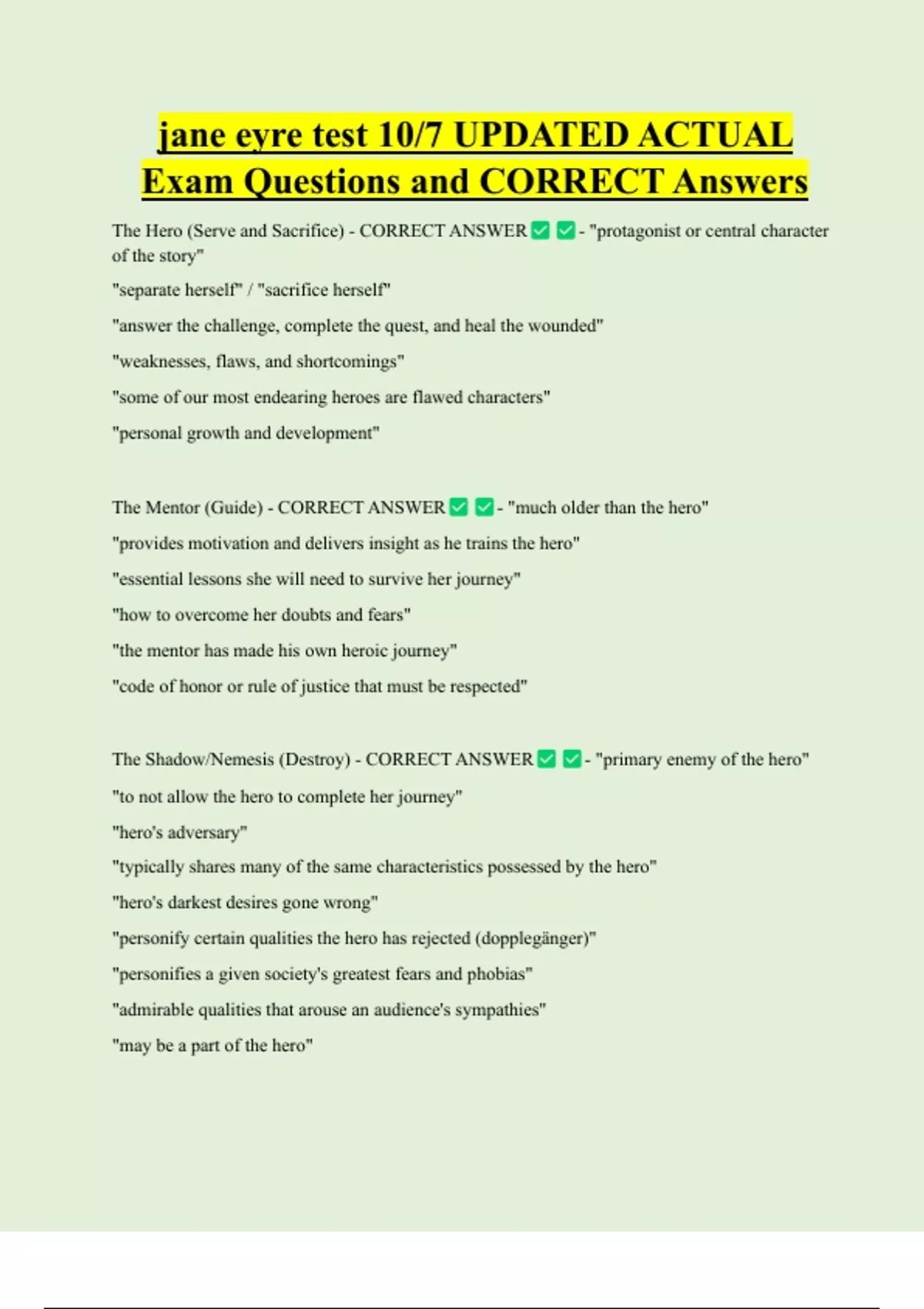 jane eyre test 10/7 UPDATED ACTUAL Exam Questions and CORRECT Answers ...