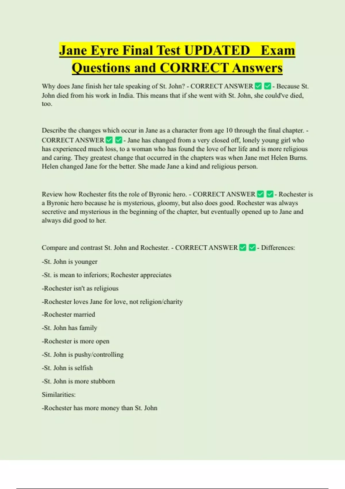 Jane Eyre Final Test UPDATED Exam Questions and CORRECT Answers - Jane ...