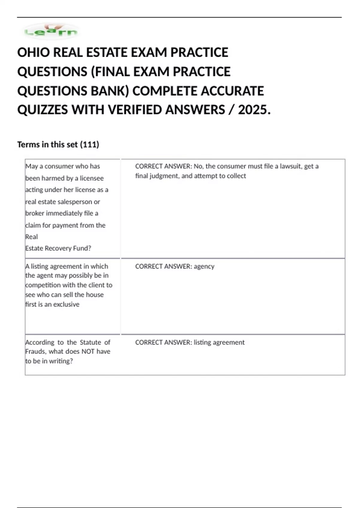 OHIO REAL ESTATE EXAM PRACTICE QUESTIONS (FINAL EXAM PRACTICE QUESTIONS ...