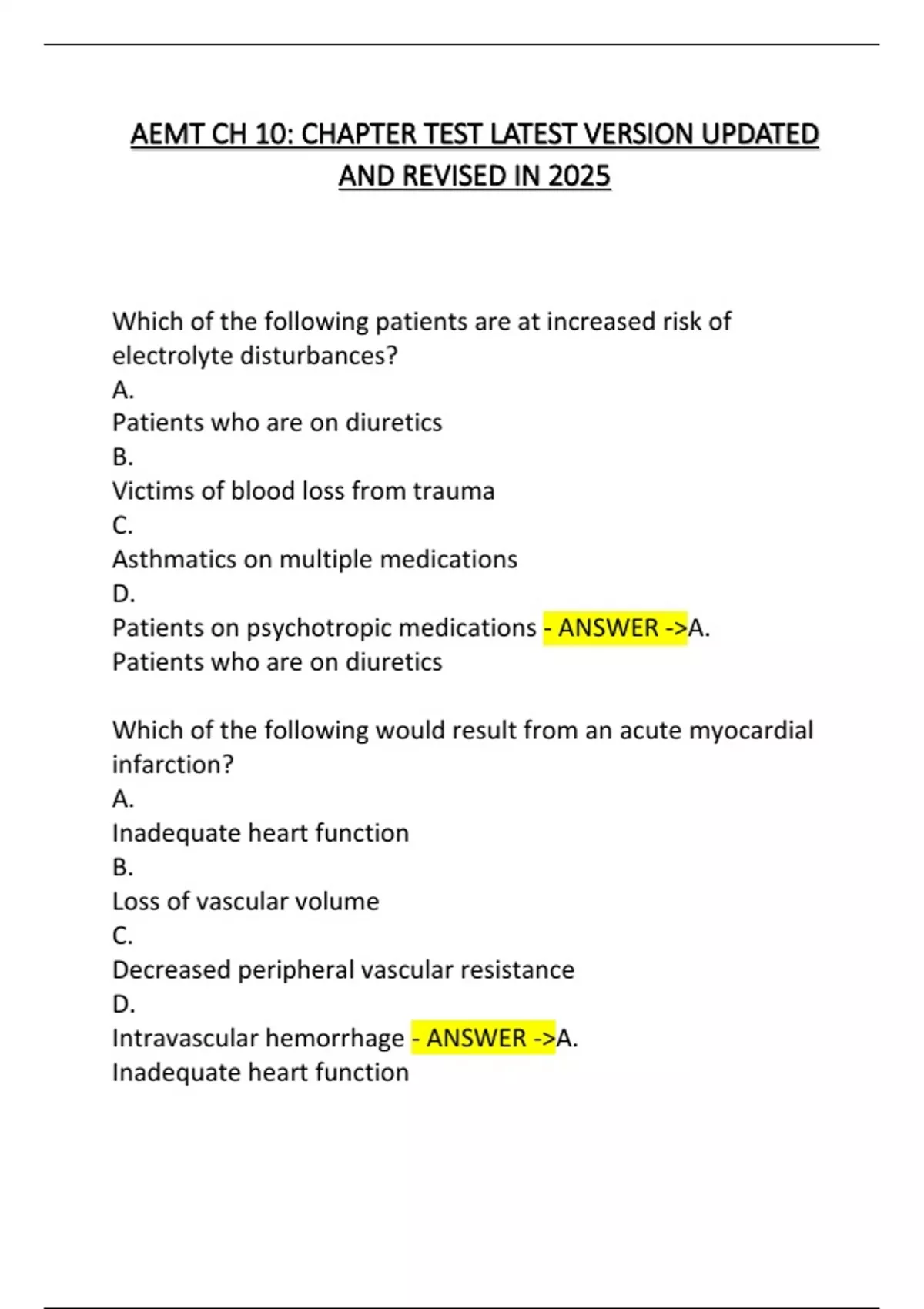 AEMT CH 10: CHAPTER TEST LATEST VERSION UPDATED AND REVISED IN 2025 ...