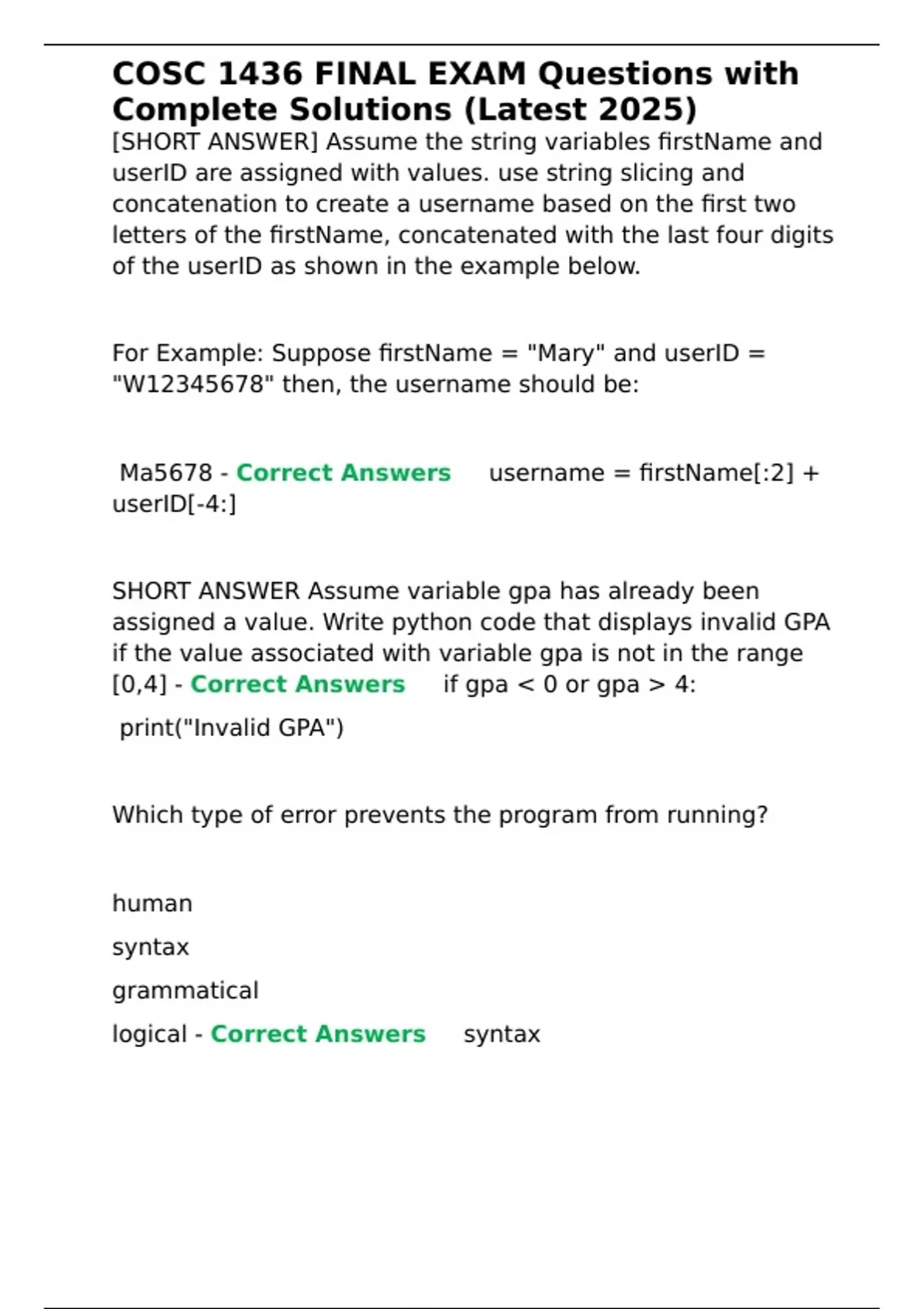 COSC 1436 FINAL EXAM Questions with Complete Solutions (Latest 2025 ...