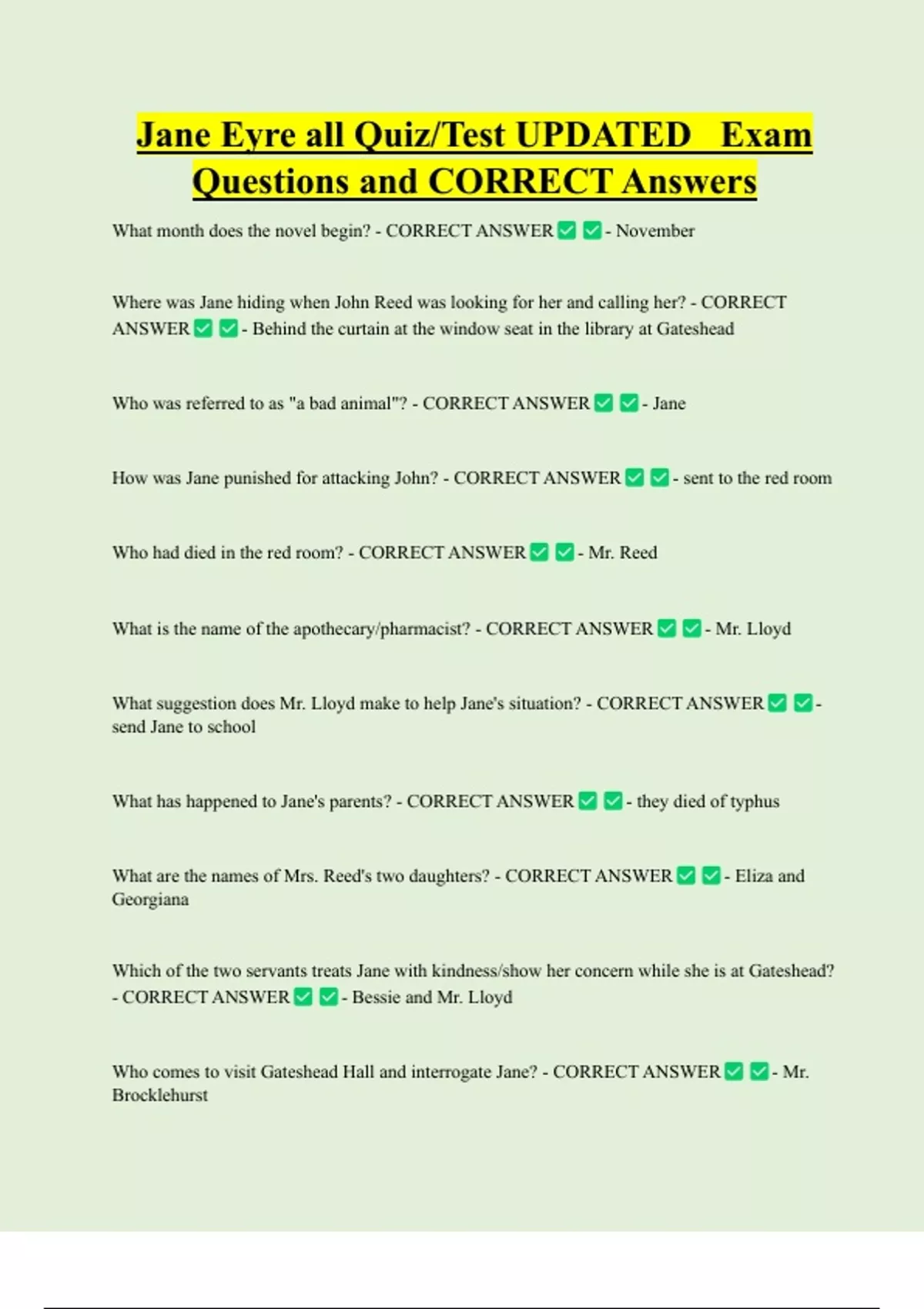 Jane Eyre all Quiz/Test UPDATED Exam Questions and CORRECT Answers ...