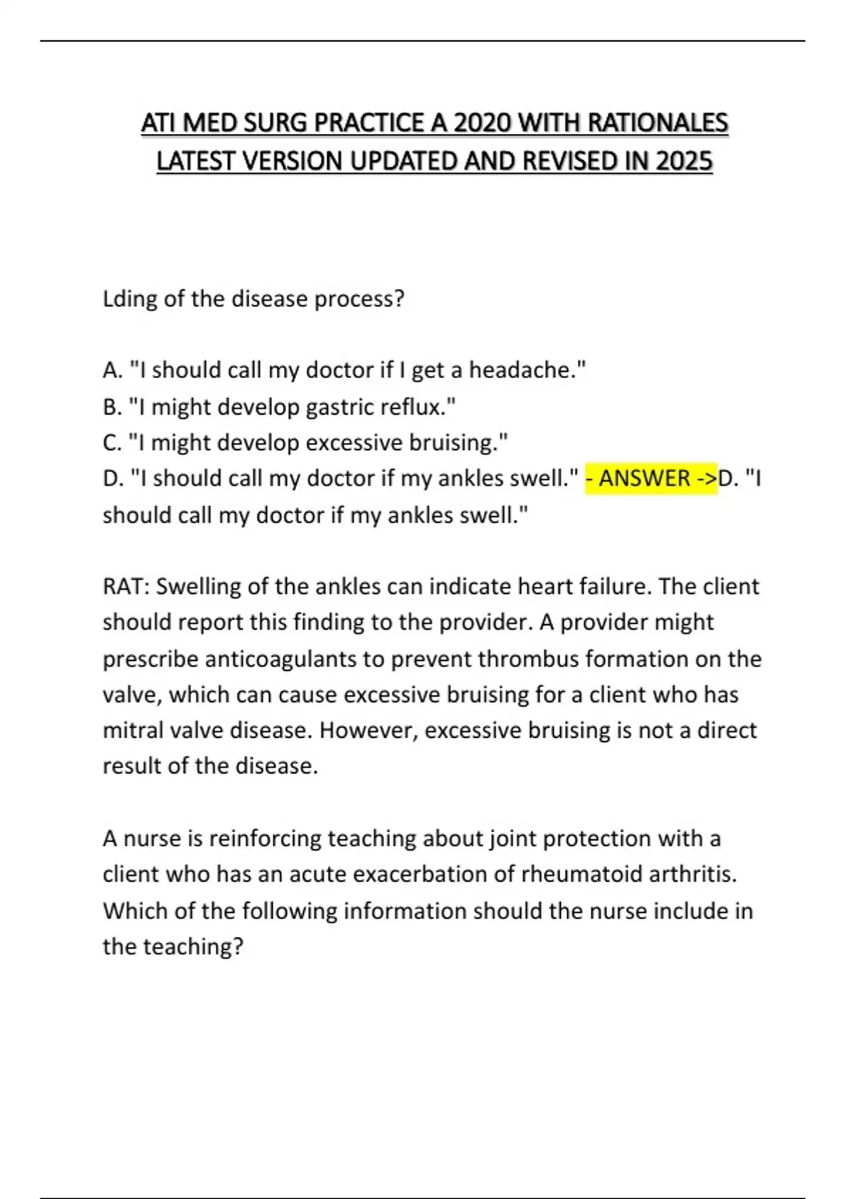 ATI MED SURG PRACTICE A 2020 WITH RATIONALES LATEST VERSION UPDATED AND ...
