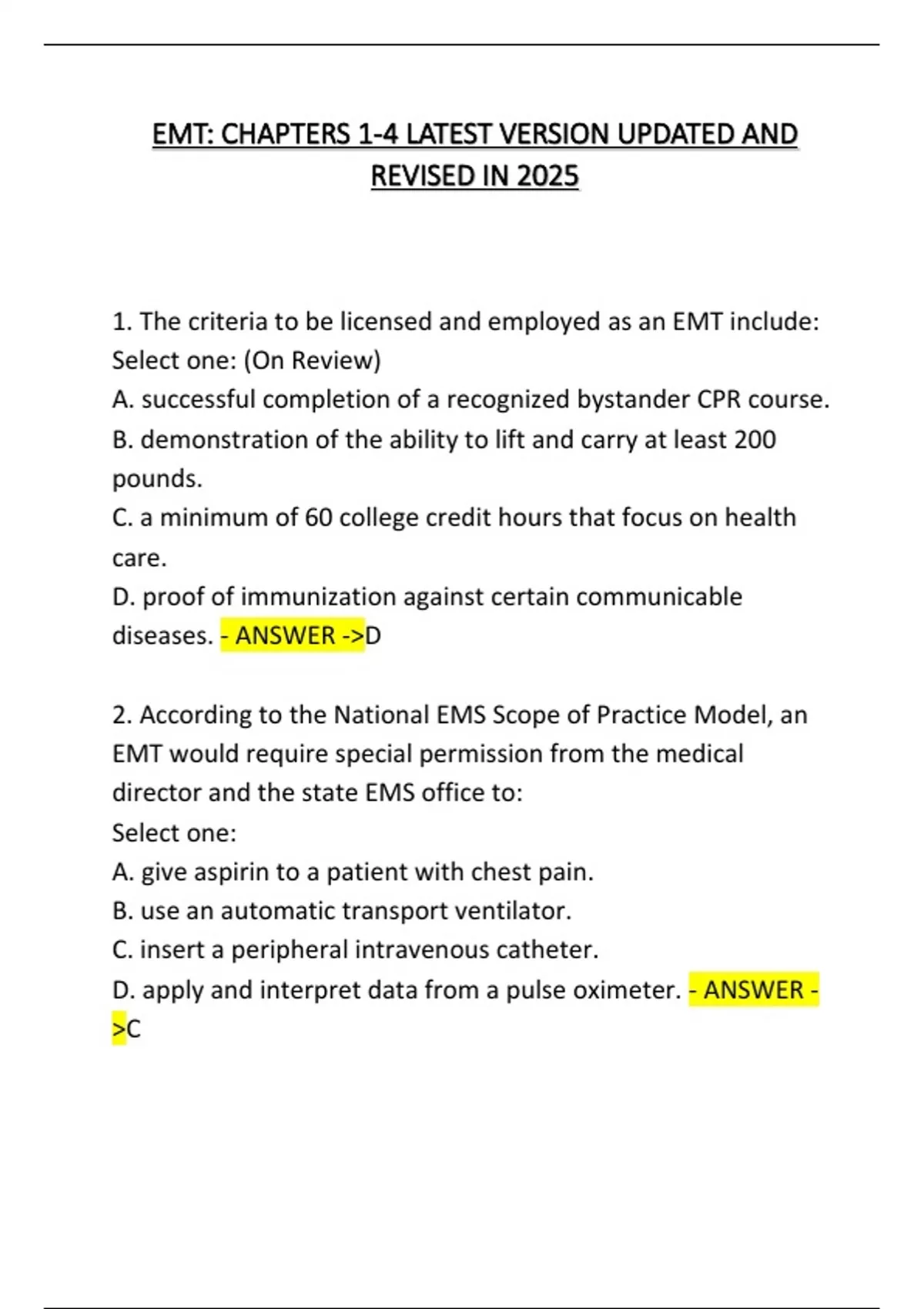 EMT: CHAPTERS 1-4 LATEST VERSION UPDATED AND REVISED IN 2025 - EMT ...