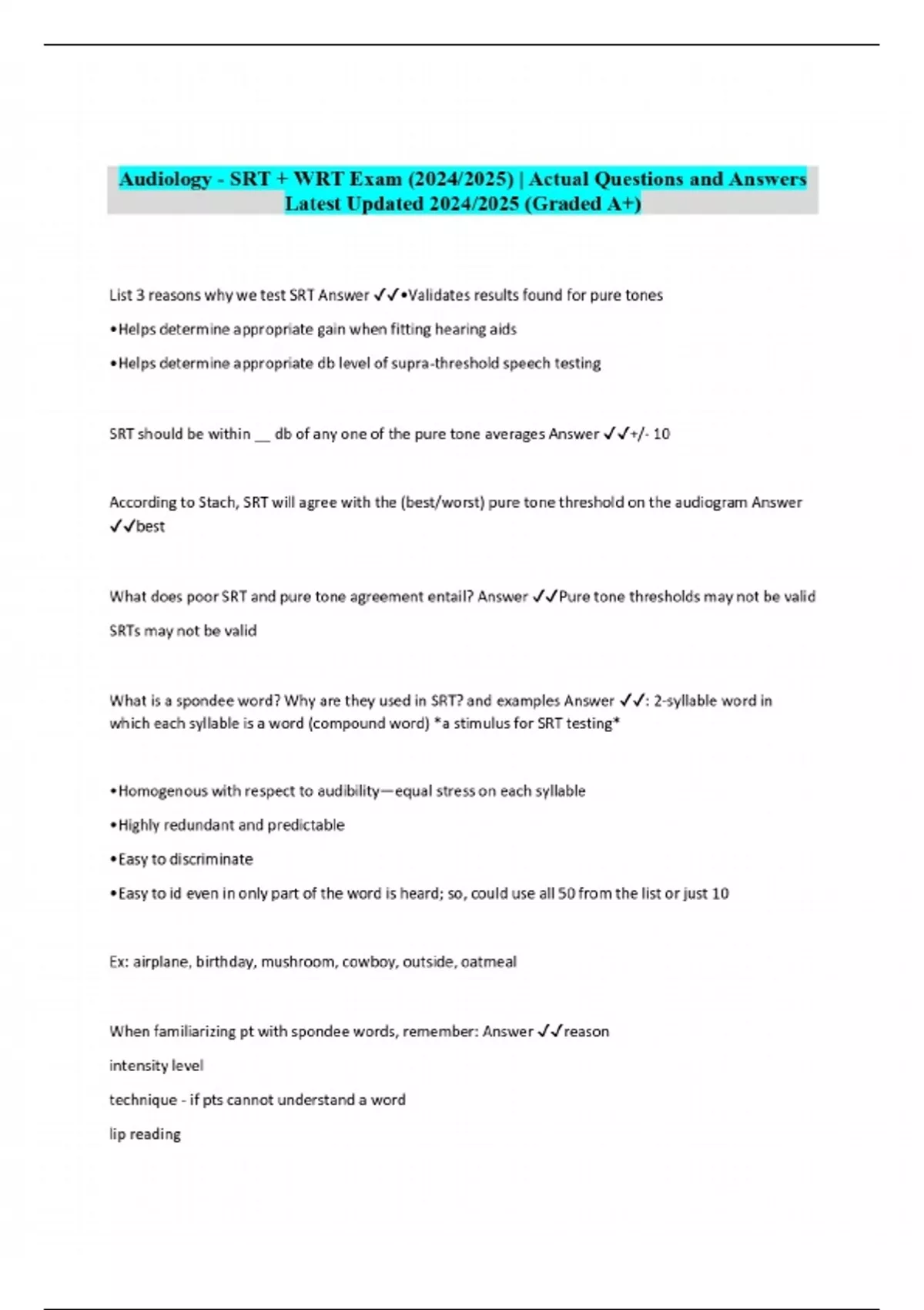 Audiology - SRT + WRT Exam (2024/2025) | Actual Questions and Answers ...