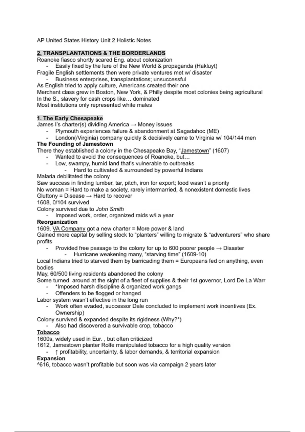 Summary Mastering APUSH Unit 2: Essential Holistic Notes on Early ...