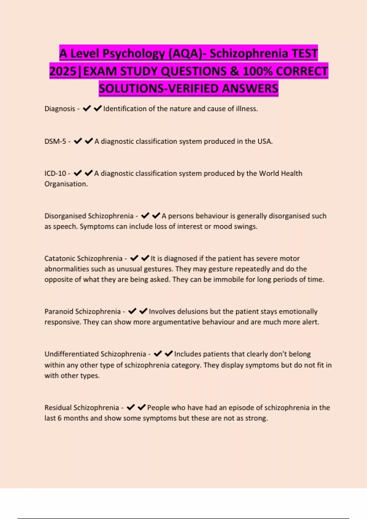 A Level Psychology (AQA)- Schizophrenia TEST 2025|EXAM STUDY QUESTIONS ...