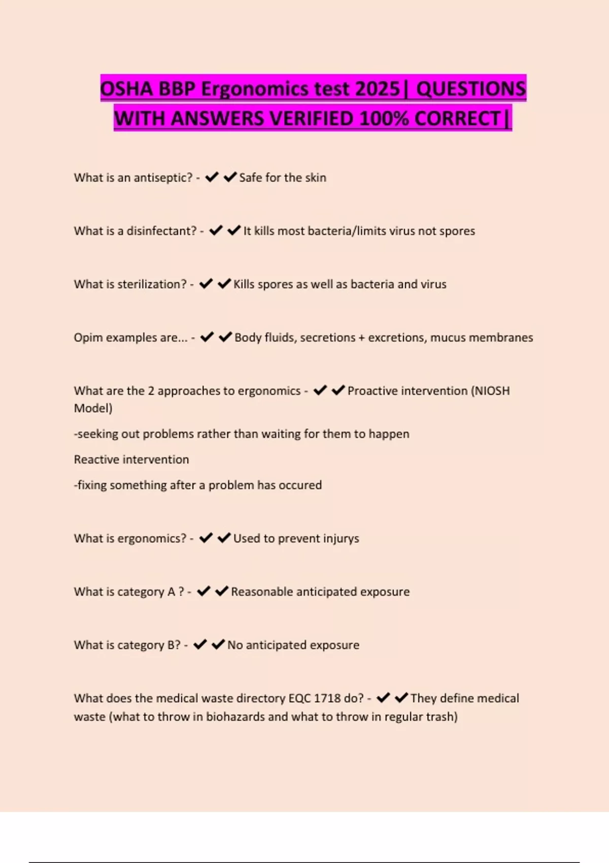 OSHA BBP Ergonomics test 2025| QUESTIONS WITH ANSWERS VERIFIED 100% ...
