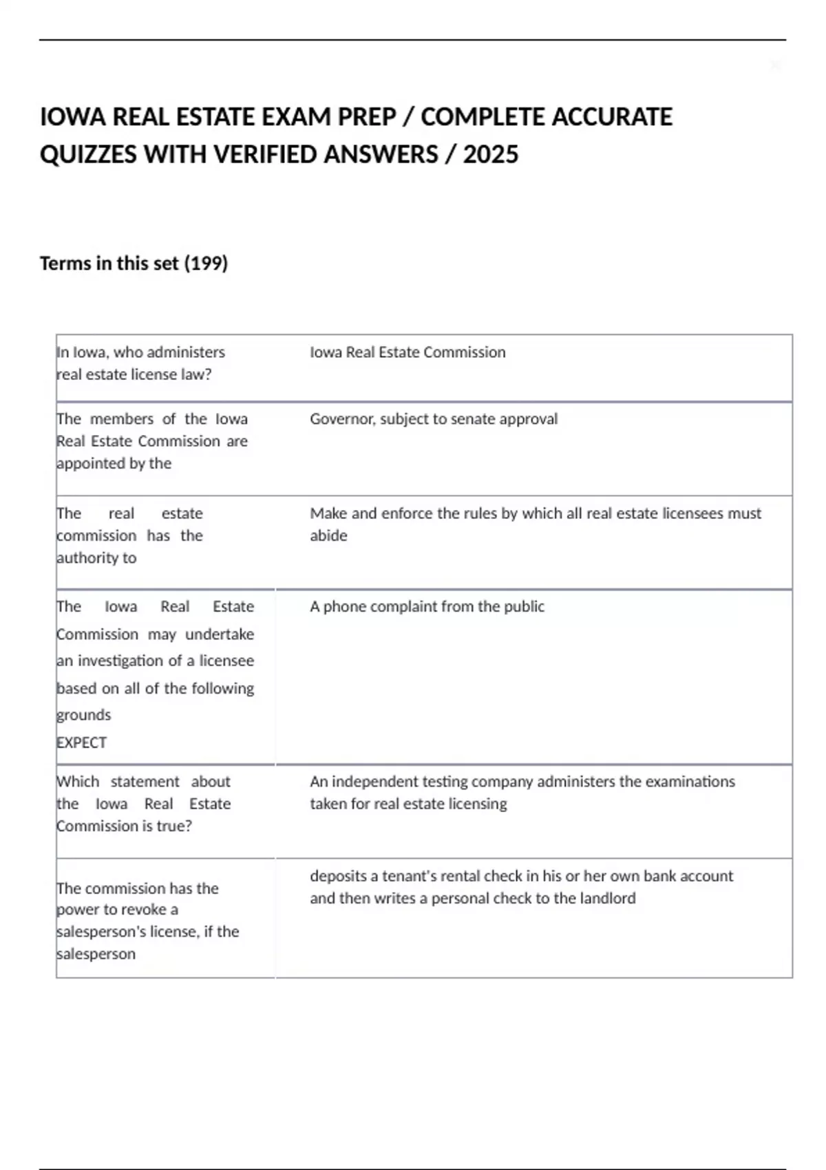 IOWA REAL ESTATE EXAM PREP / COMPLETE ACCURATE QUIZZES WITH VERIFIED ANSWERS / 2025 - IOWA REAL ...
