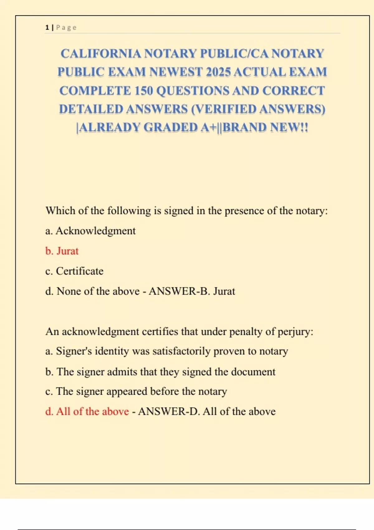 CALIFORNIA NOTARY PUBLIC/CA NOTARY PUBLIC EXAM NEWEST 2025 ACTUAL EXAM ...